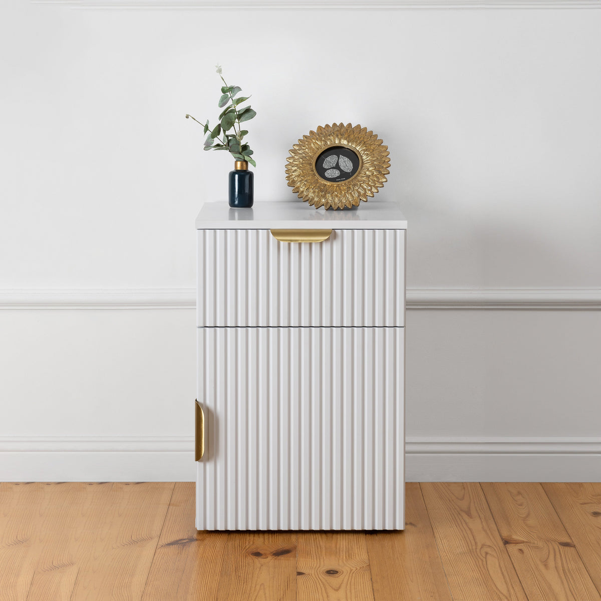 PORTO BEDSIDE TABLE - WHITE - FLUTED - PULL BRASS| KingsWarehouse