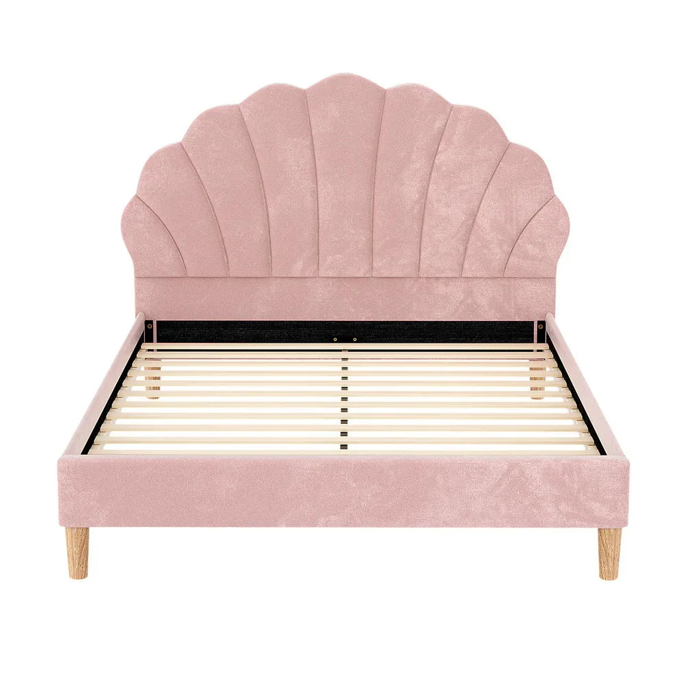 Artiss Bed Frame Double Size Scallop-Shape Bedhead Beds Base Pink Velv ...