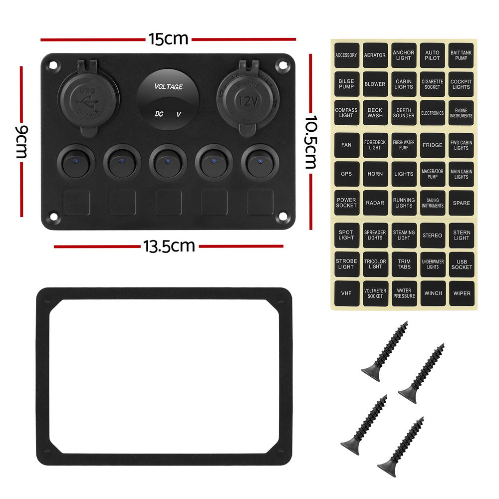 5 Gang 12V Switch Panel For Car Boat Marine USB ON-OFF LED Rocker Togg ...