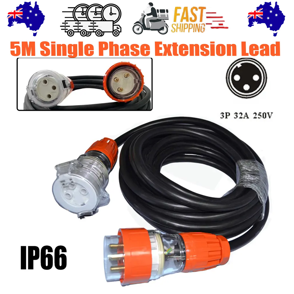 32 Amp 5m 3 Pin Extension Lead Single Phase 250V Rubber Cable Male/Fem