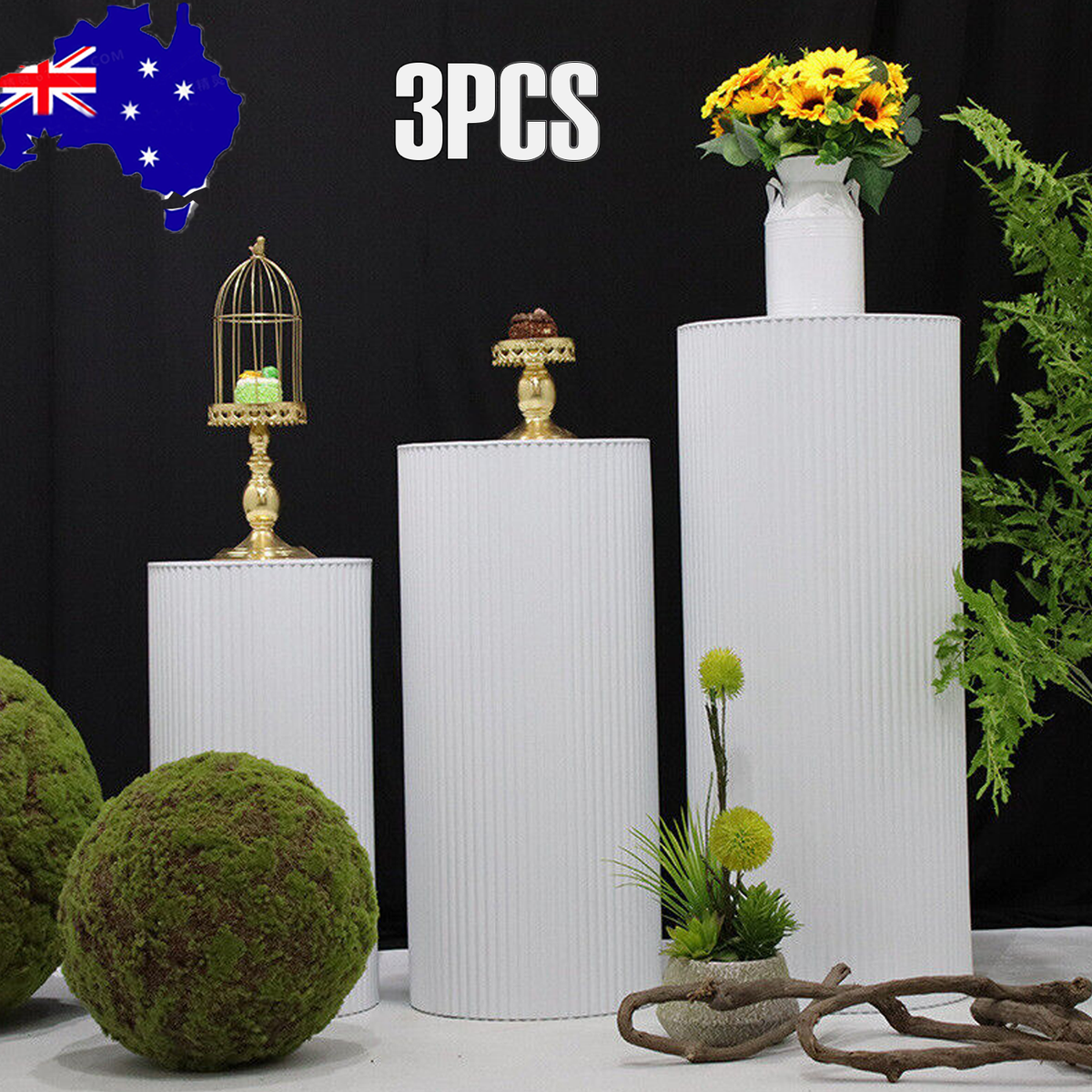 3x Metal Wedding Plinths Cylinder Pedestal Stand Ripple Cake Dessert D ...