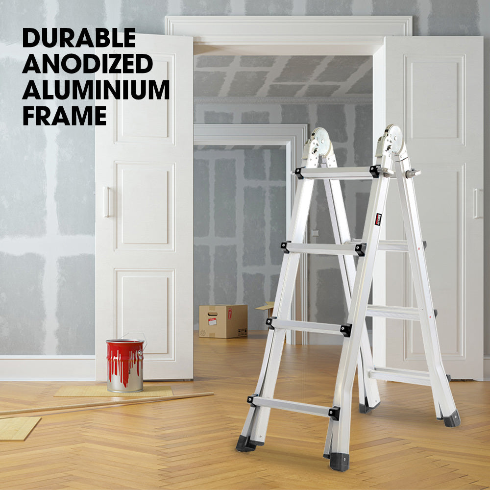 Bullet 4m Folding Aluminium Multipurpose Ladder, w/ Workshelf Platform ...
