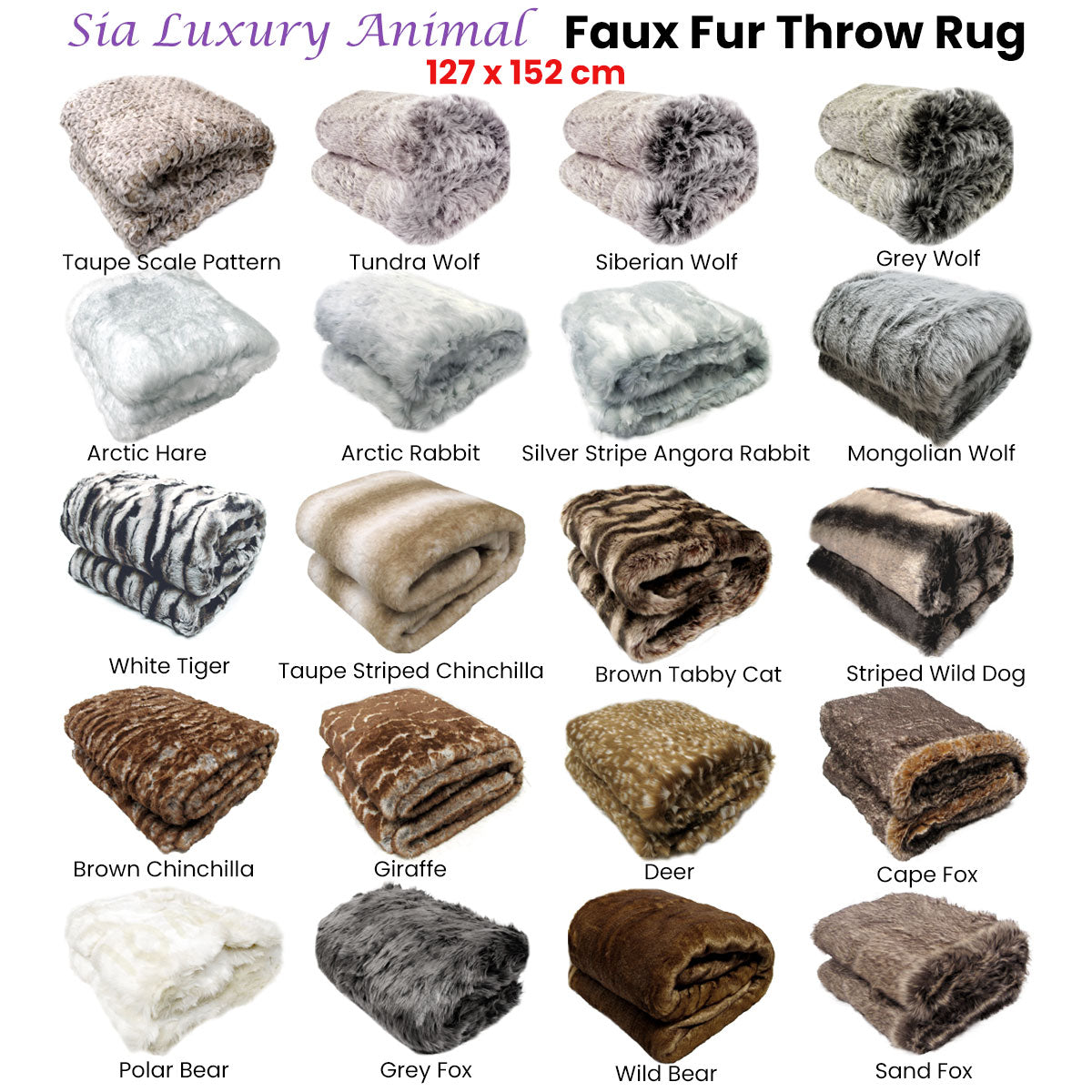 Sia Luxury Range Faux Fur Throw Rug 127 x 152 cm Mongolian Wolf ...