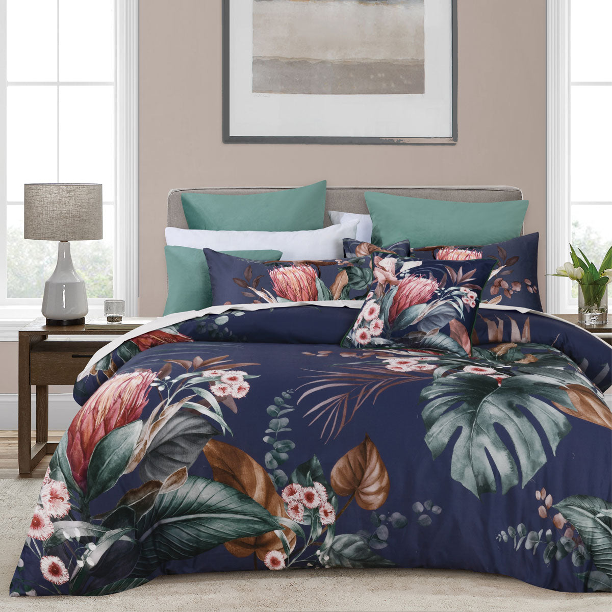 Bianca Balwyn Navy Cotton Sateen Botanical Quilt Cover Set Queen ...