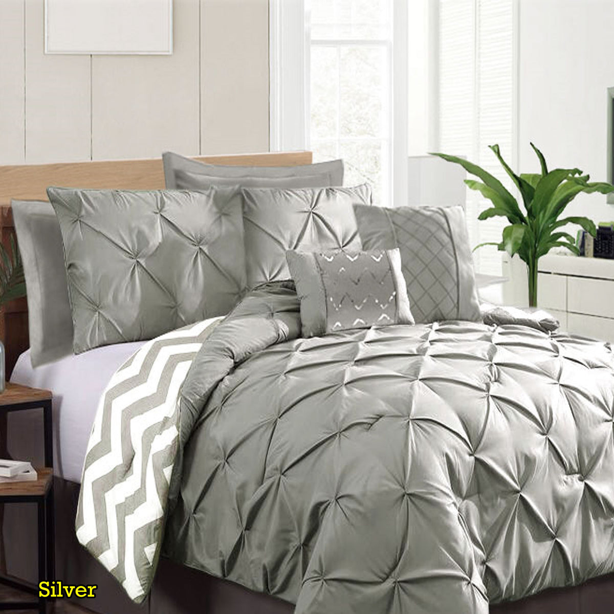 Ramesses 7 Piece Pinch Pleat Comforter Set Silver King| KingsWarehouse