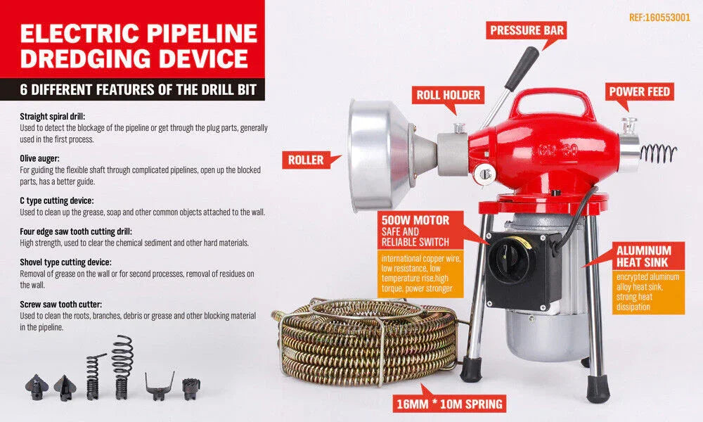 400W Drain Cleaner Electric Eel Rigid Plumbing Sewerage Pipe Machine 6 ...