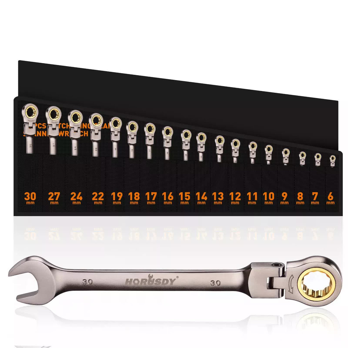 HORUSDY 18Pc Flexi-Head Ratchet Spanner Set Metric 6-30mm Spanners Nic ...