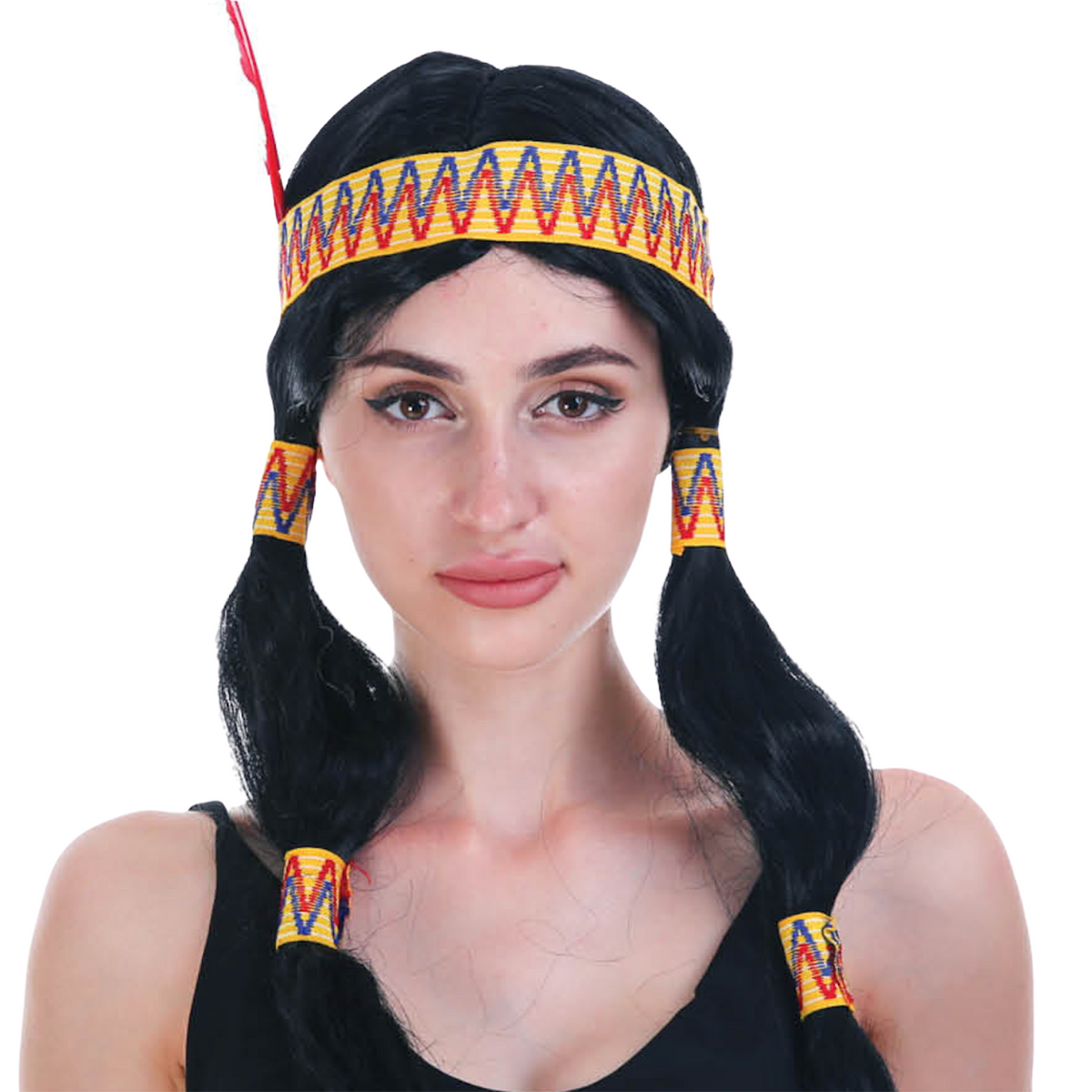Womens Native American Wig w/ Red Feather Pigtail Indian Party Costume ...
