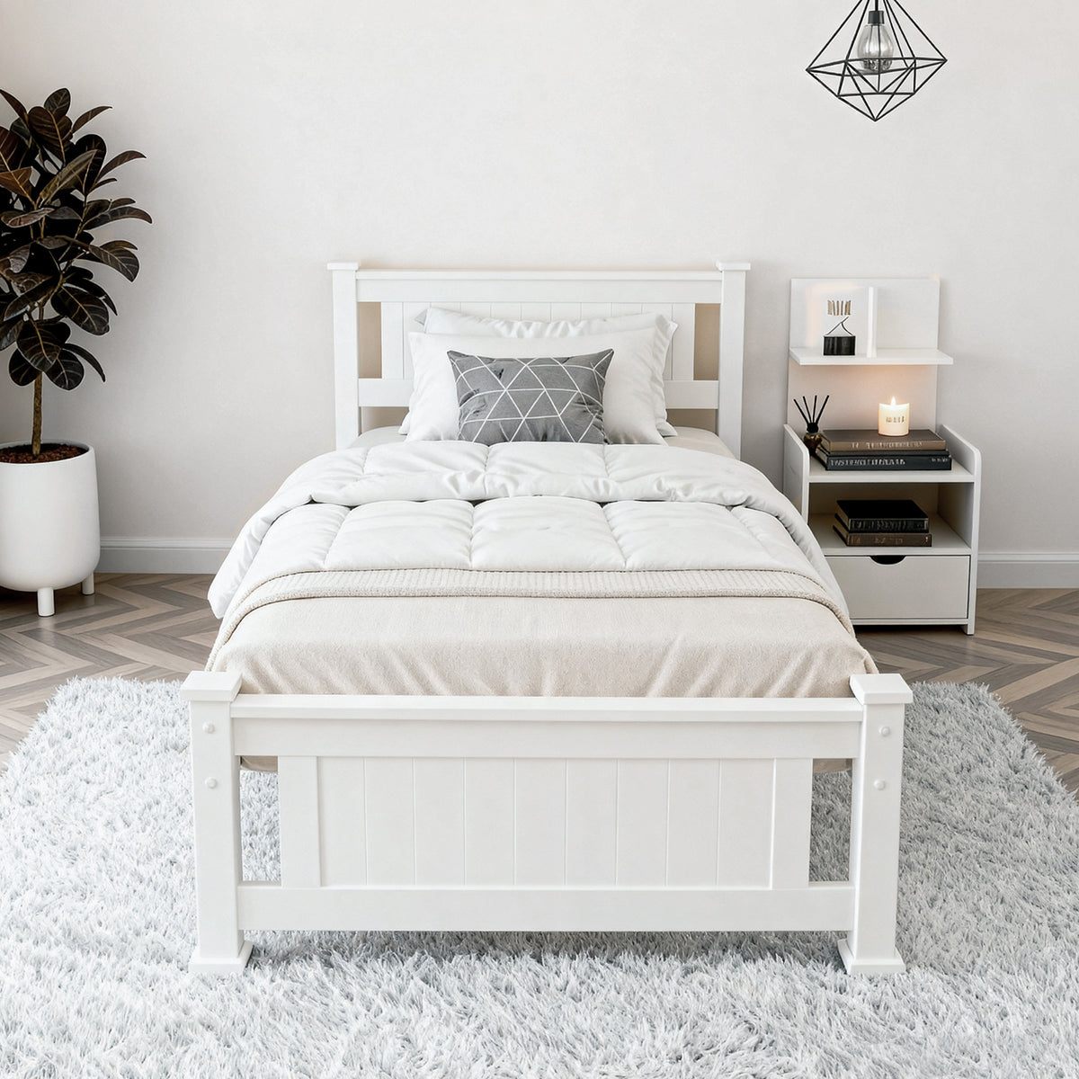 Artiss King Single Bed Frame and Bedside Table White| KingsWarehouse