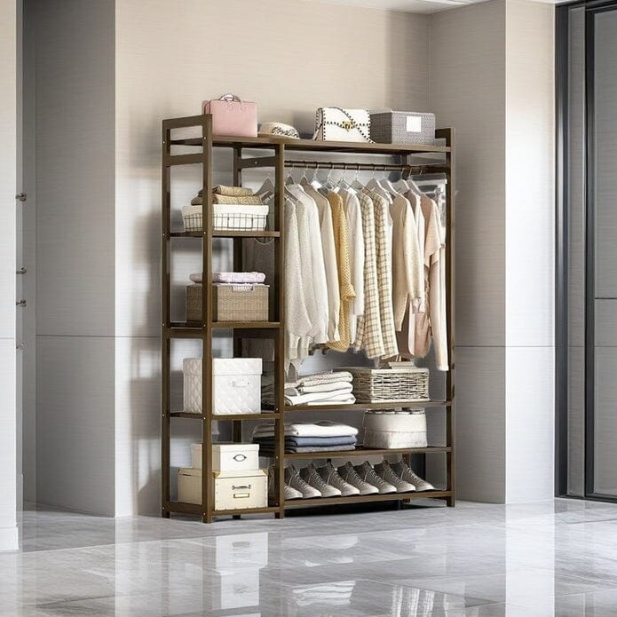 Bamboo Clothes Rack Garment Closet Storage Organizer Hanging Rail Shel ...