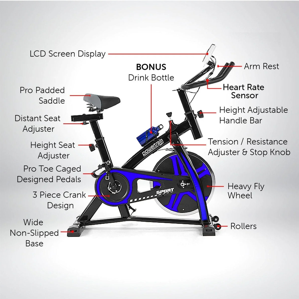 Powertrain Home Gym Flywheel Exercise Spin Bike - Blue| KingsWarehouse