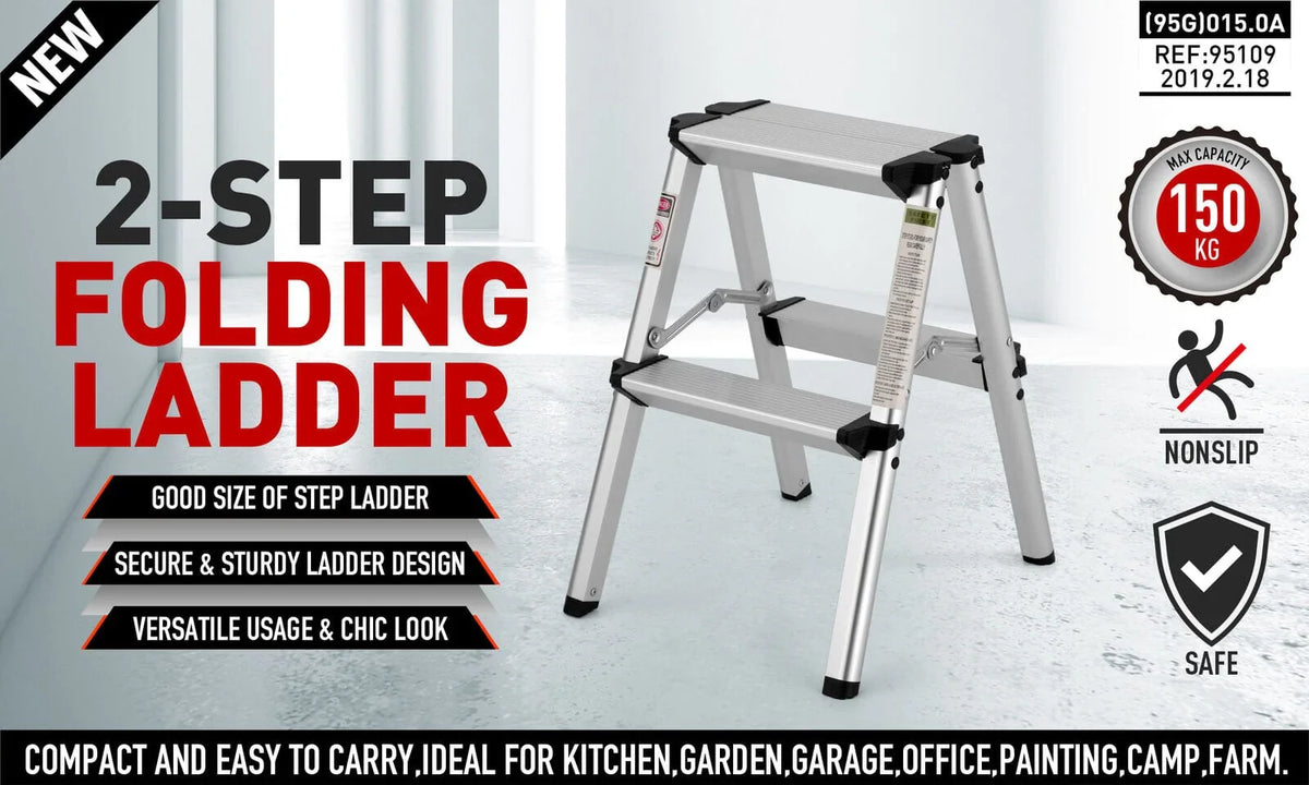 2-Step Portable Folding Ladder, Aluminum Frame Lightweight Home Ladder ...