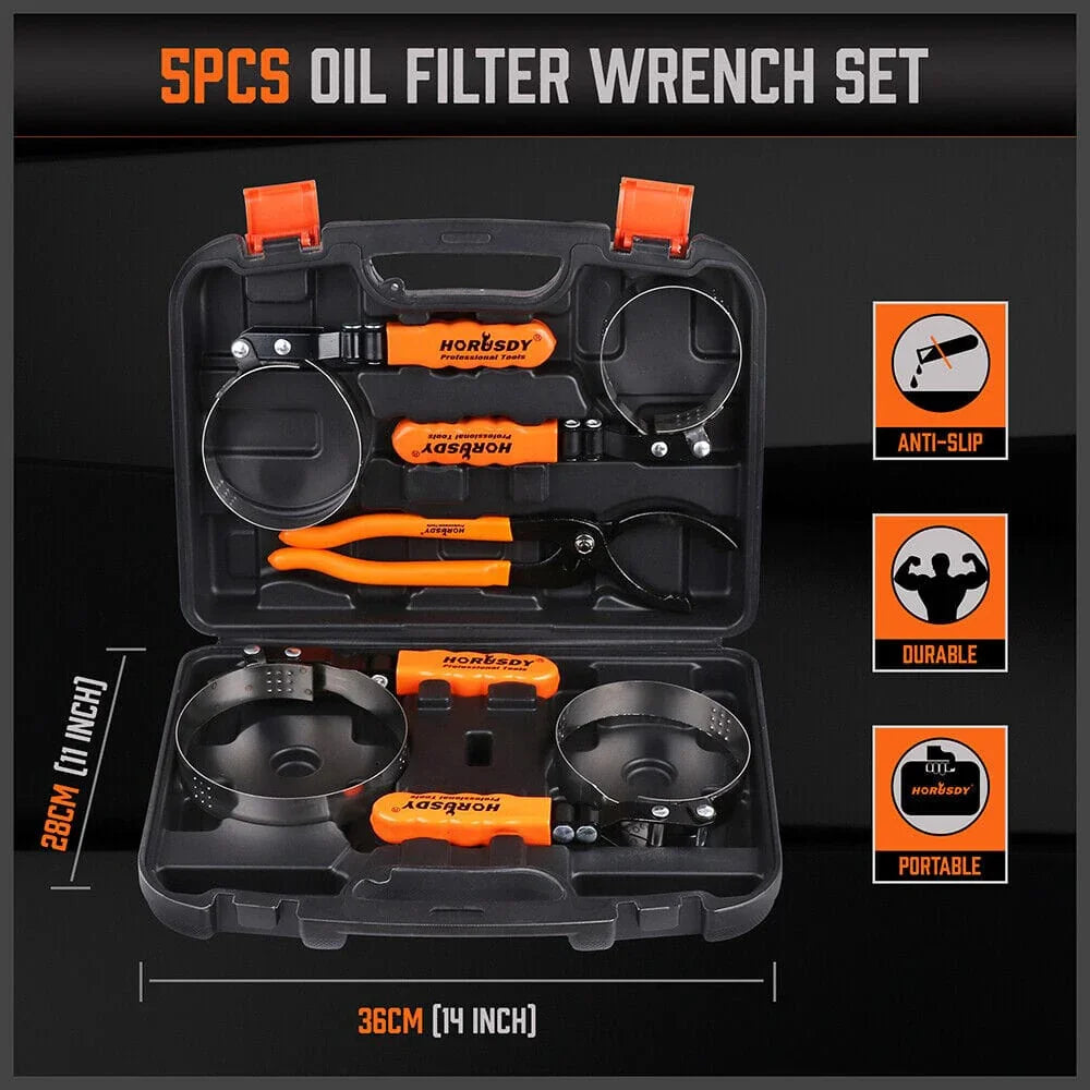 5Pc Oil Filter Wrench Set Swivel Grip Steel Belt Spanner Universal Fil ...